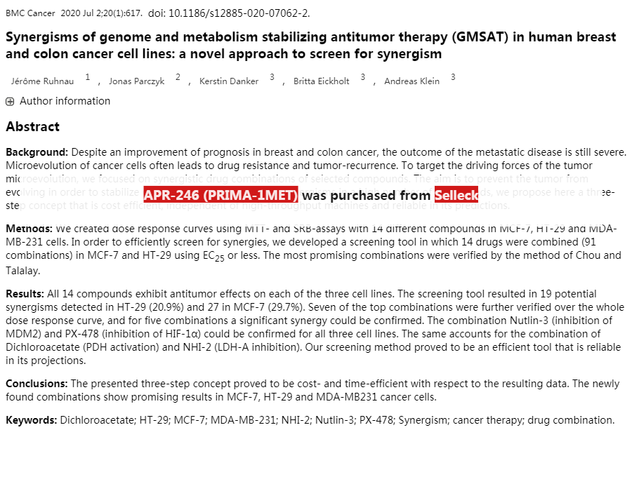 Eprenetapopt (APR-246) | ≥99%(HPLC) | Selleck | p53 activator