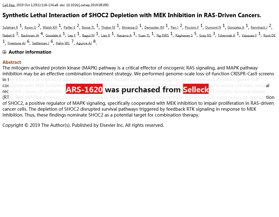 ARS-1620 | Ras 抑制剂 | 现货供应 | 美国品牌 | 免费采购电话400-668-6834