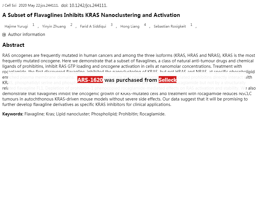 ARS-1620 | Ras 抑制剂 | 现货供应 | 美国品牌 | 免费采购电话400-668-6834