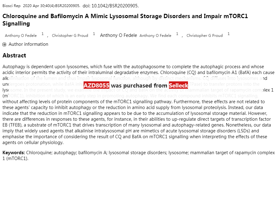 AZD8055 | mTOR 抑制剂 | 现货供应 | 美国品牌 | 免费采购电话400-668-6834