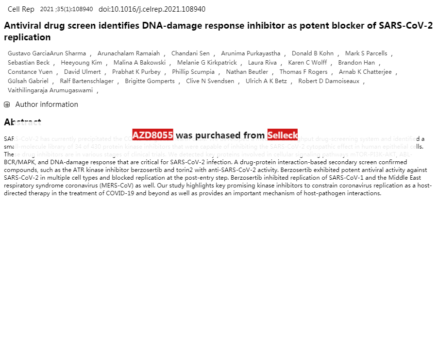 AZD8055 | mTOR 抑制剂 | 现货供应 | 美国品牌 | 免费采购电话400-668-6834