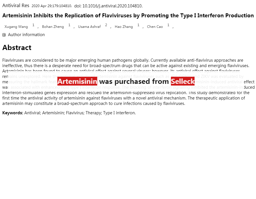 Artemisinin | ≥99%(HPLC) | Selleck | ADC Cytotoxin inhibitor