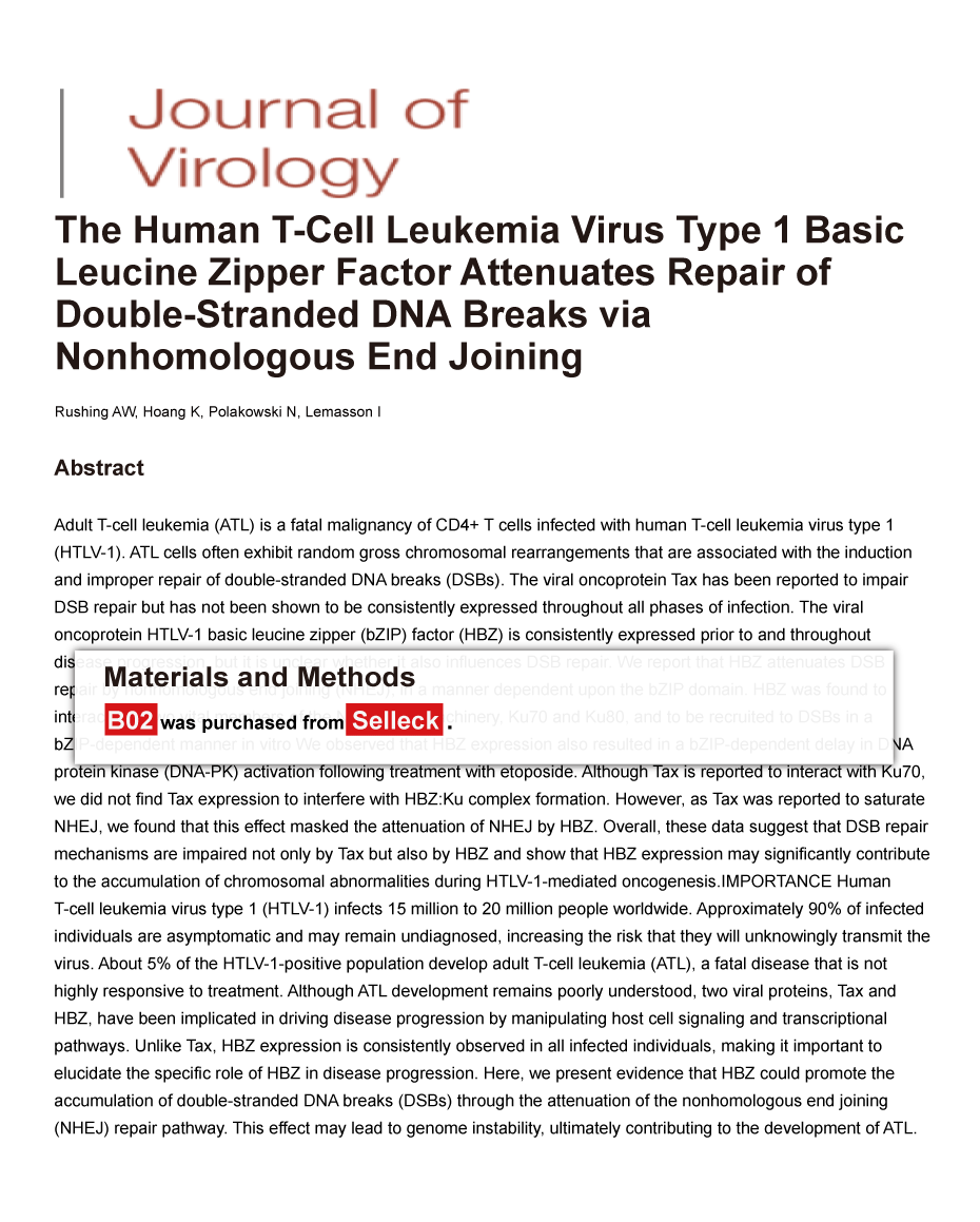 B02 | DNA/RNA Synthesis 抑制剂 | 现货供应 | 美国品牌 | 免费采购电话400-668-6834