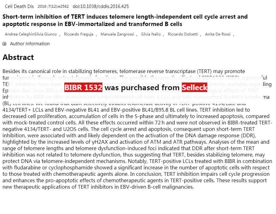 BIBR 1532 | 购买Telomerase 抑制剂 - Selleck