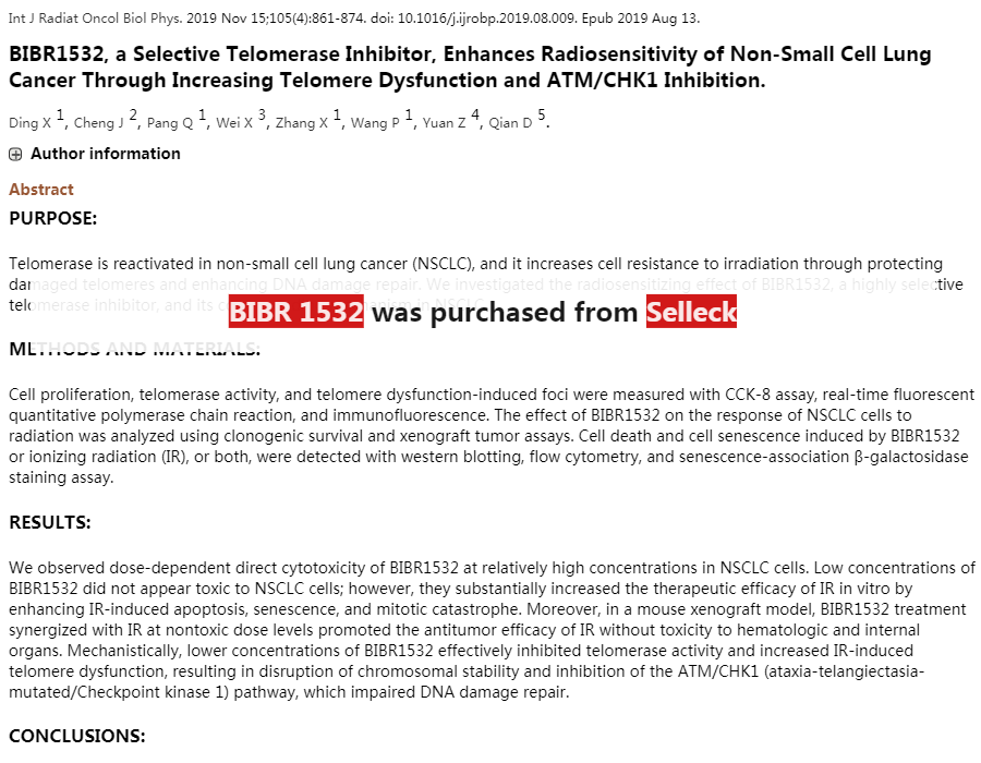 BIBR 1532 | 购买Telomerase 抑制剂 - Selleck