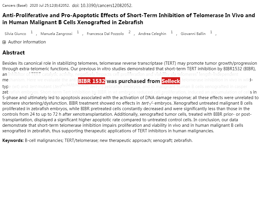 BIBR 1532 | 购买Telomerase 抑制剂 - Selleck