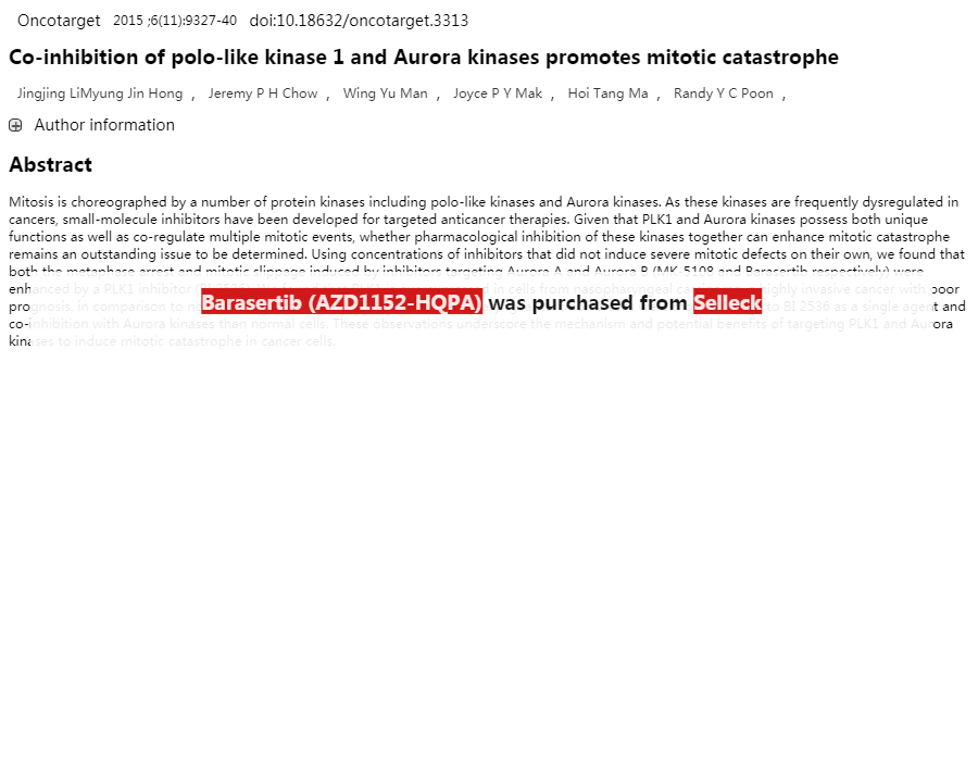 Barasertib (AZD1152-HQPA) | 购买Aurora Kinase 抑制剂 - Selleck