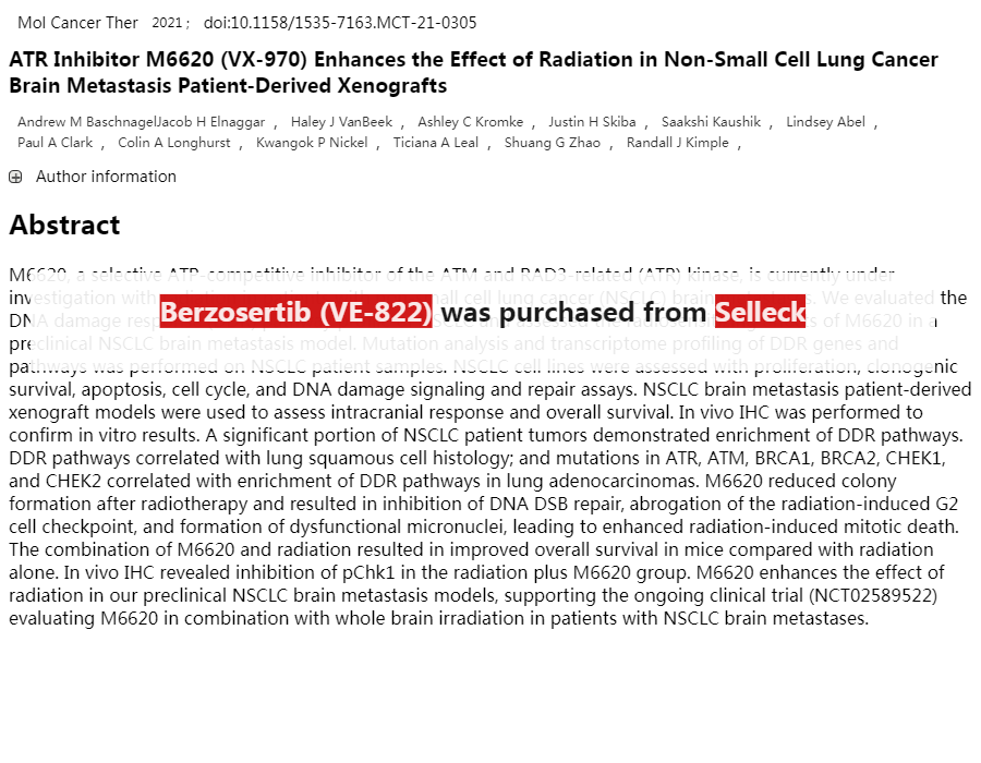Berzosertib (VE-822) | 购买ATM/ATR 抑制剂 - Selleck