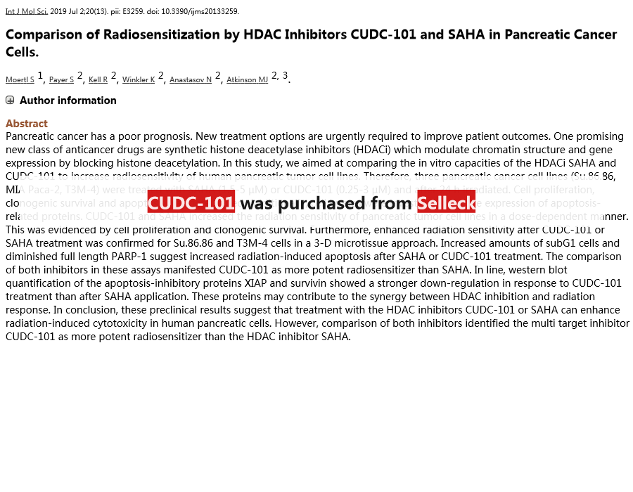 CUDC-101 | HDAC 抑制剂 | 现货供应 | 美国品牌 | 免费采购电话400-668-6834