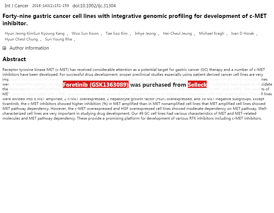 Foretinib (GSK1363089) | 购买c-Met 抑制剂 - Selleck