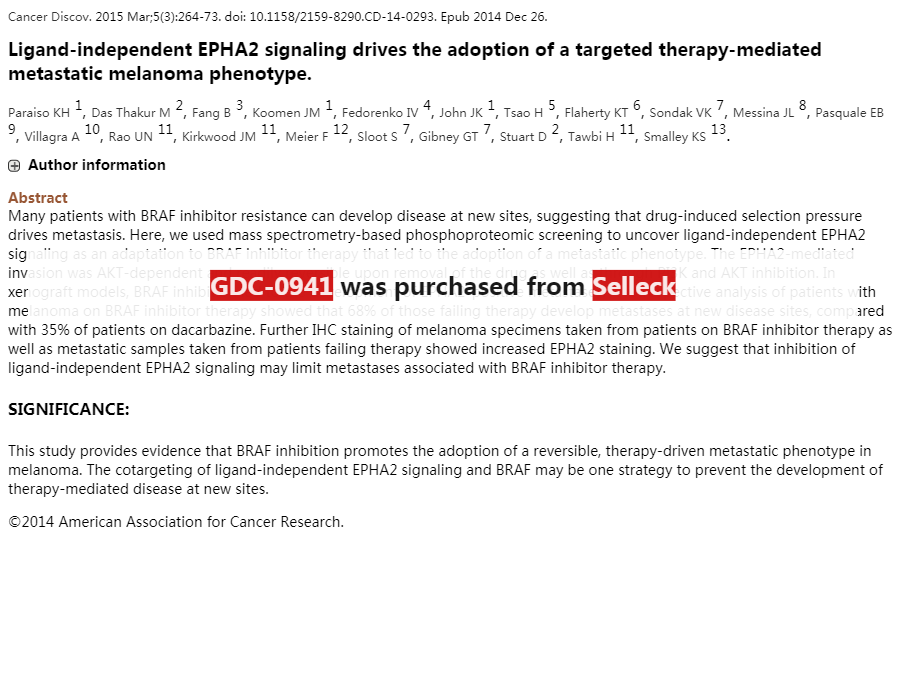 Pictilisib (GDC-0941) | PI3K 抑制剂 | 现货供应 | 美国品牌 | 免费采购电话400-668-6834