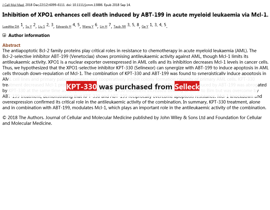 Selinexor (KPT-330) | 购买CRM1 抑制剂 - Selleck