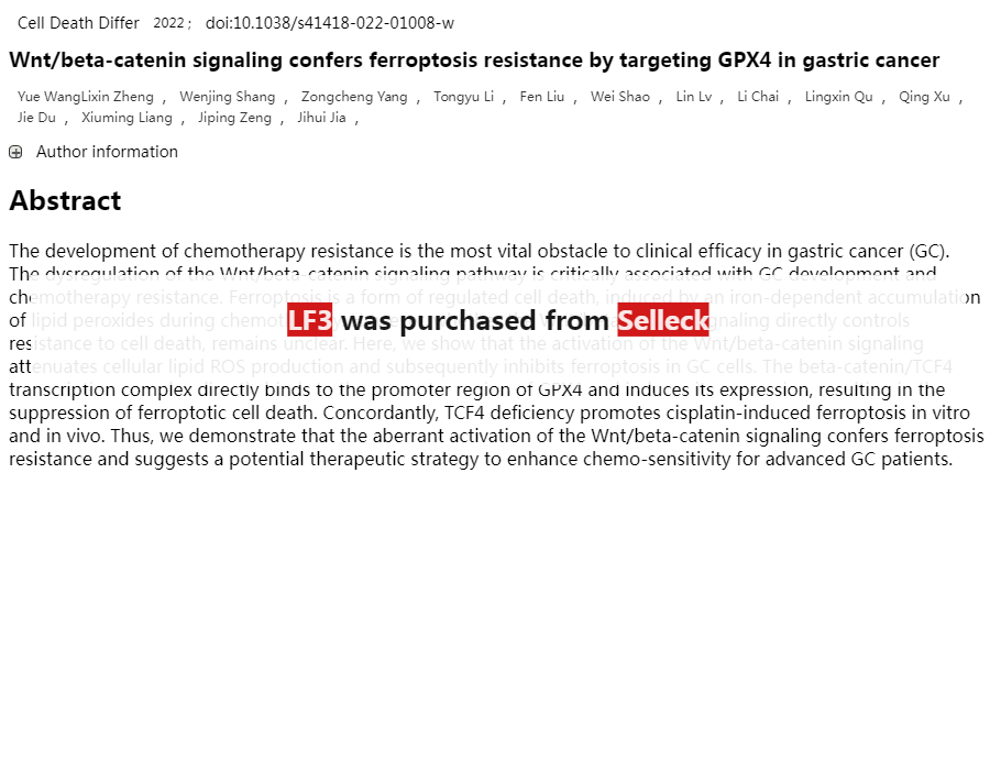 LF3 | ≥99%(HPLC) | Selleck | Wnt/beta-catenin inhibitor