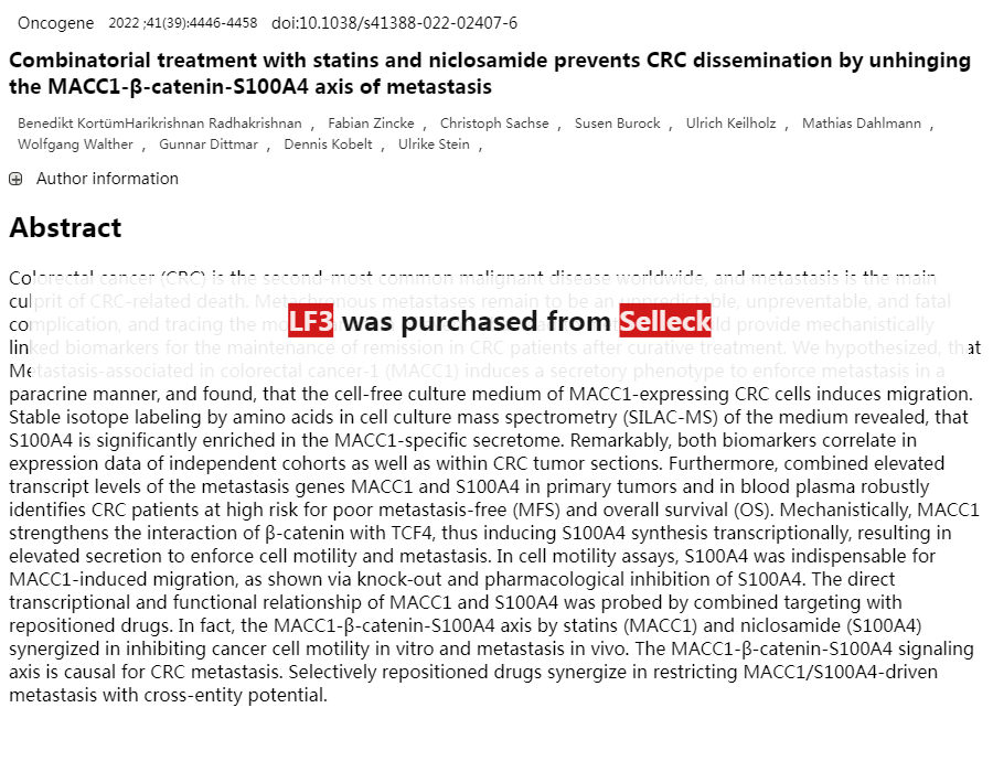 LF3 | ≥99%(HPLC) | Selleck | Wnt/beta-catenin inhibitor