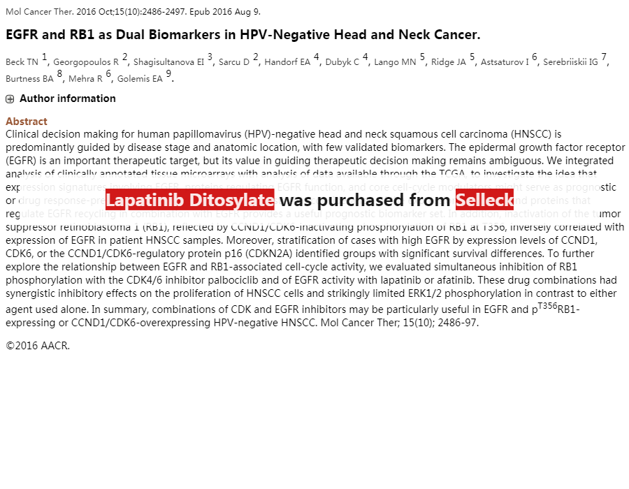 Lapatinib (GW-572016) Ditosylate | 购买HER2 抑制剂 - Selleck