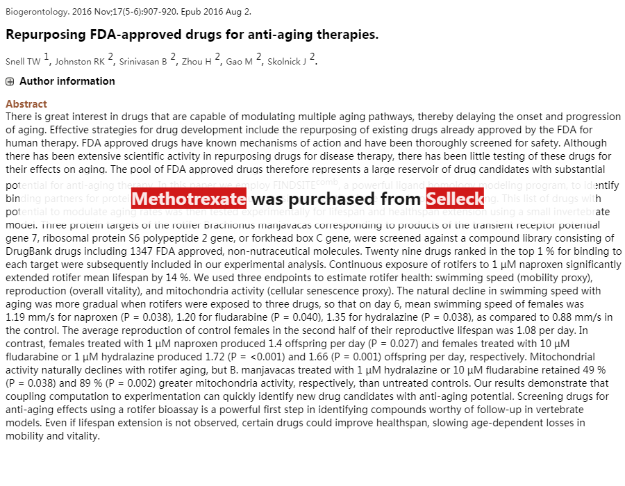 Methotrexate | ADC Cytotoxin 抑制剂 | 现货供应 | 美国品牌 | 免费采购电话400-668-6834