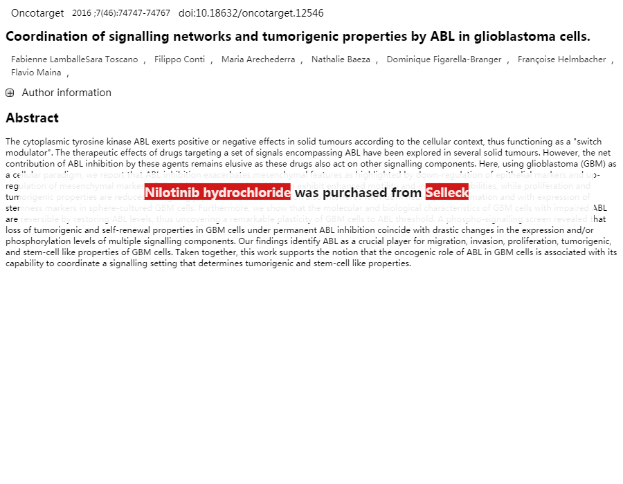 Nilotinib hydrochloride | Bcr-Abl 抑制剂 | 现货供应 | 美国品牌 | 免费采购电话400-668-6834