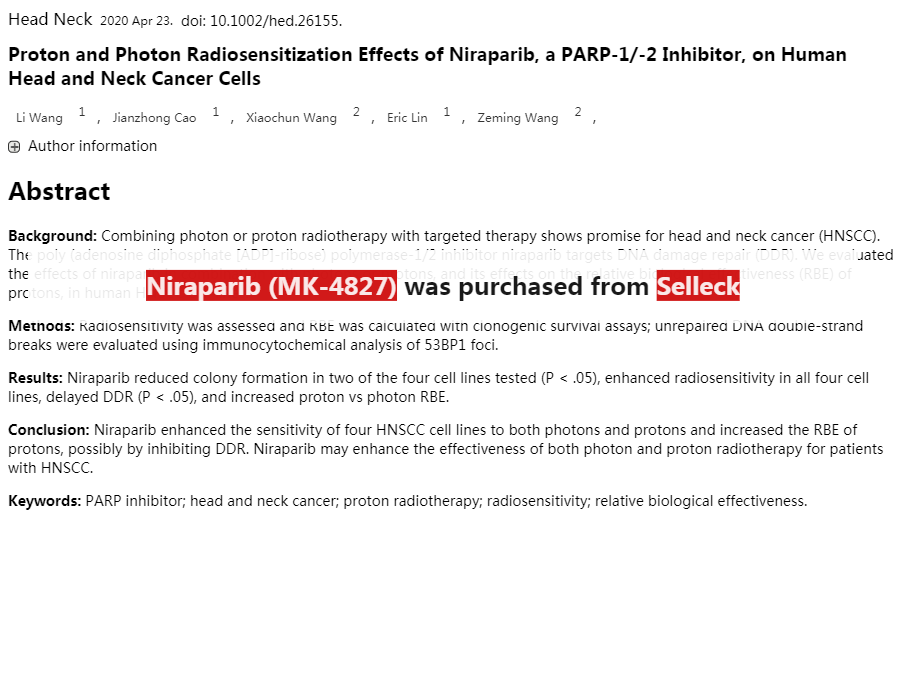 Niraparib (MK-4827) | PARP 抑制剂 | 现货供应 | 美国品牌 | 免费采购电话400-668-6834