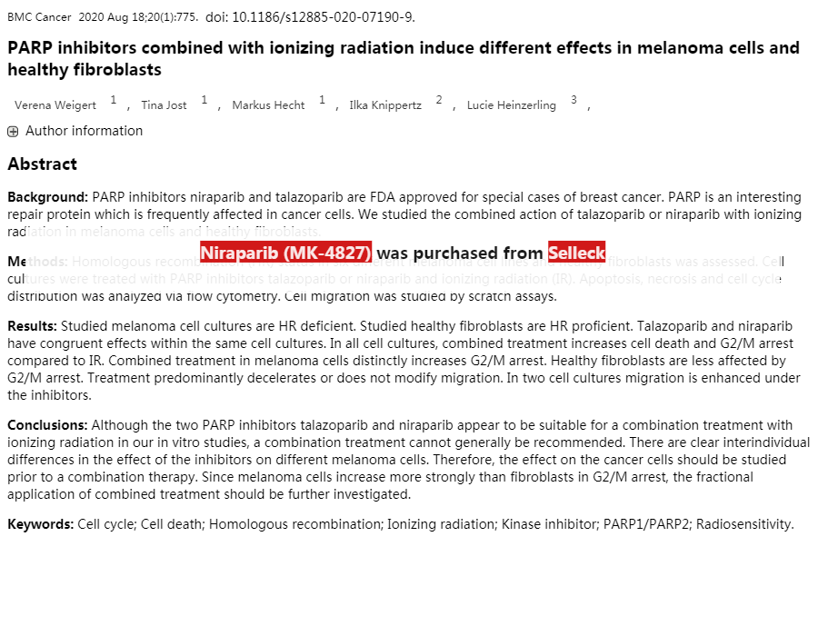 Niraparib (MK-4827) | PARP 抑制剂 | 现货供应 | 美国品牌 | 免费采购电话400-668-6834