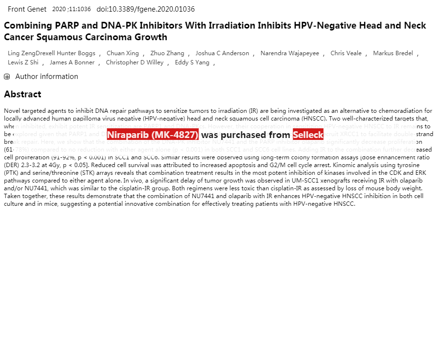Niraparib (MK-4827) | PARP 抑制剂 | 现货供应 | 美国品牌 | 免费采购电话400-668-6834