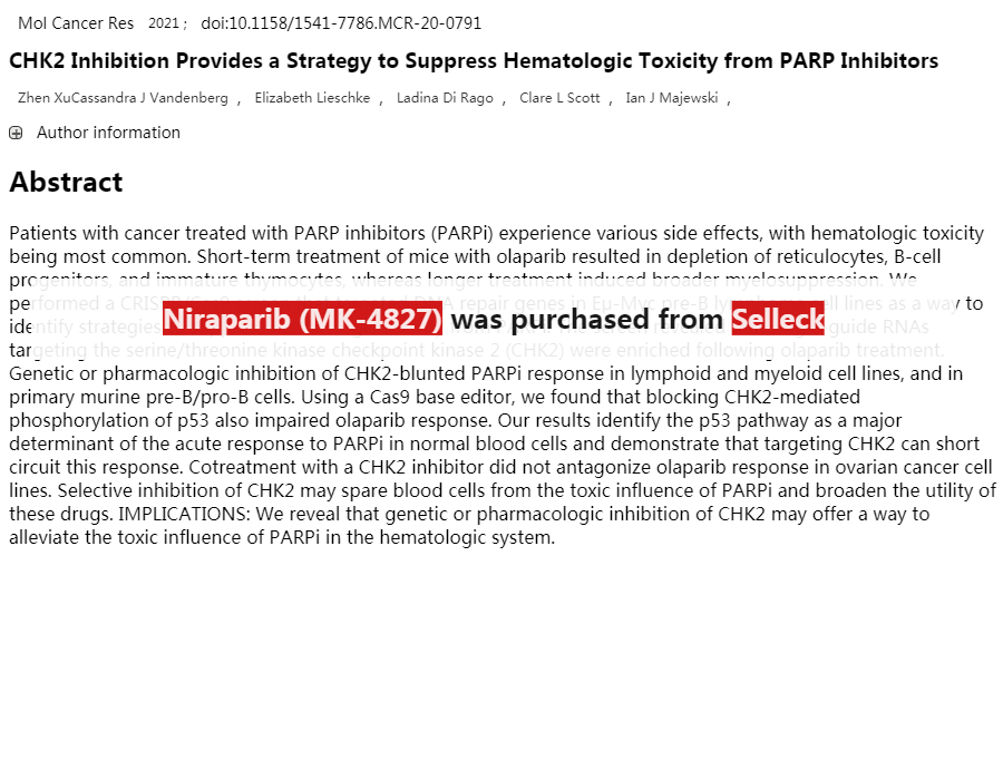 Niraparib (MK-4827) | PARP 抑制剂 | 现货供应 | 美国品牌 | 免费采购电话400-668-6834