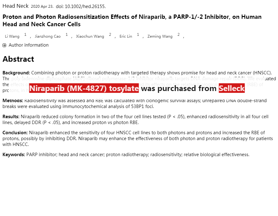 Niraparib (MK-4827) tosylate | PARP 抑制剂 | 现货供应 | 美国品牌 | 免费采购电话400-668-6834