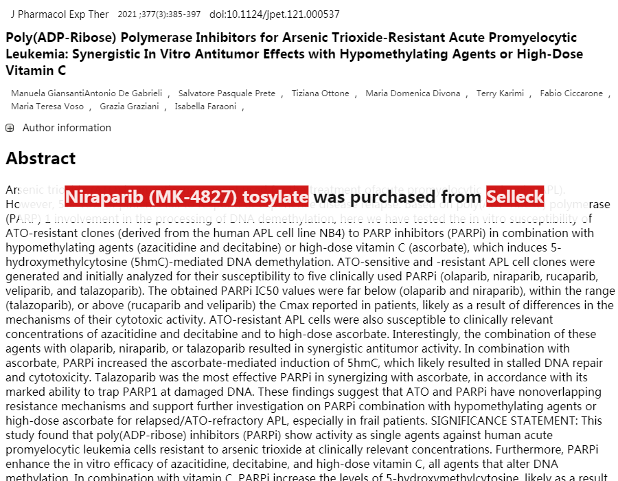 Niraparib (MK-4827) tosylate | PARP 抑制剂 | 现货供应 | 美国品牌 | 免费采购电话400-668-6834