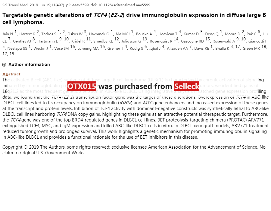 Birabresib (OTX015) | 购买Epigenetic Reader Domain 抑制剂 - Selleck
