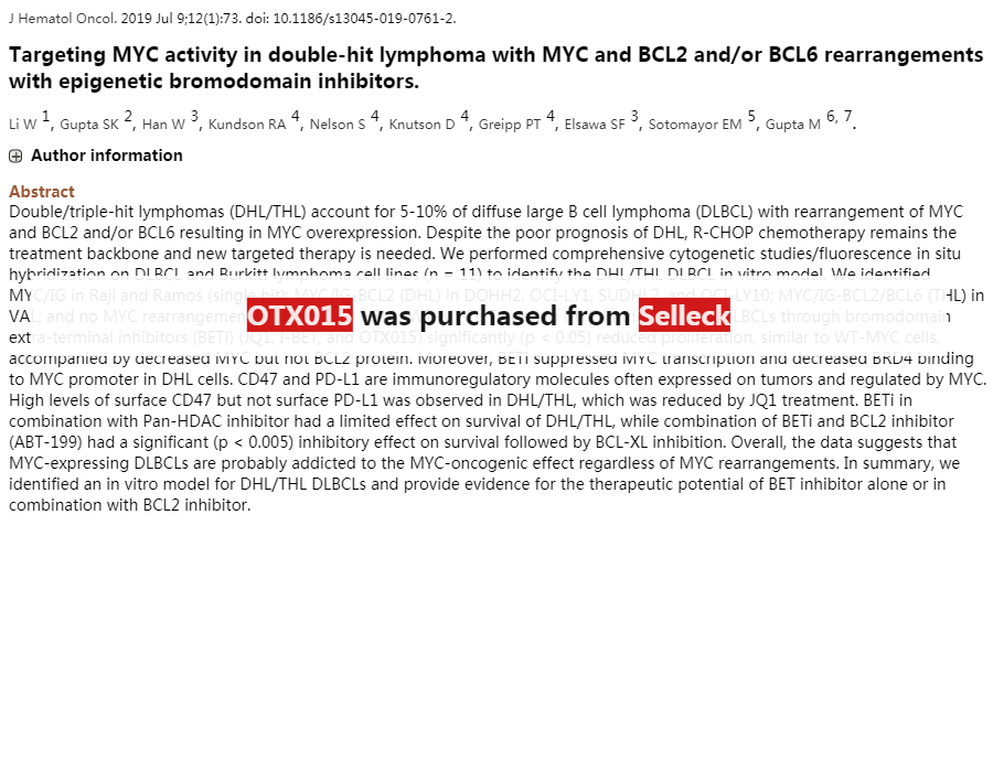 Birabresib (OTX015) | 购买Epigenetic Reader Domain 抑制剂 - Selleck