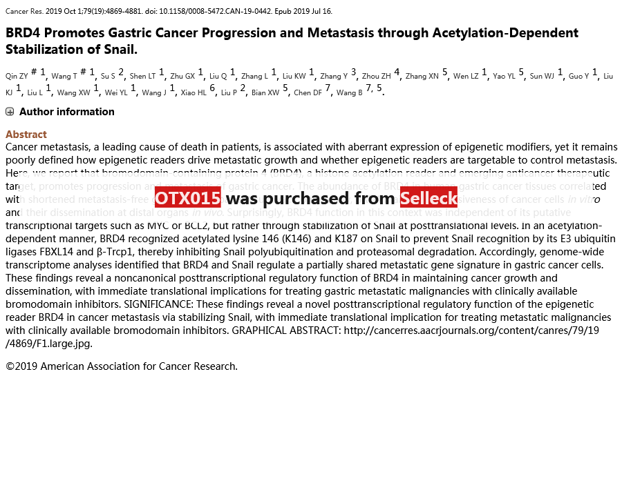 Birabresib (OTX015) | 购买Epigenetic Reader Domain 抑制剂 - Selleck