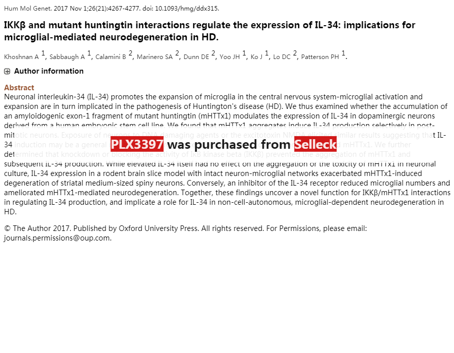 Pexidartinib (PLX3397) | CSF-1R 抑制剂 | 现货供应 | 美国品牌 | 免费采购电话400-668-6834