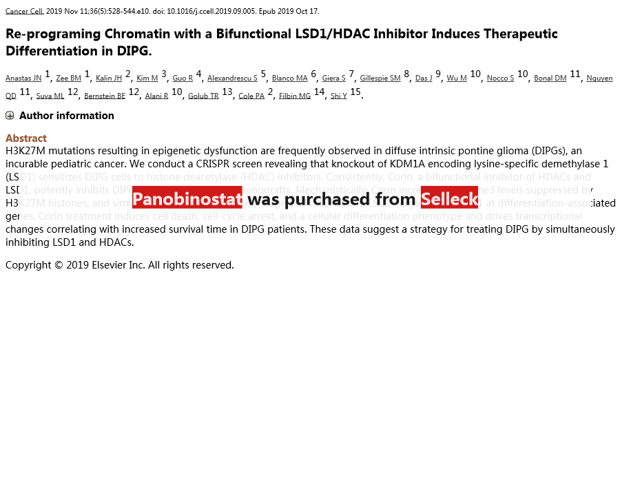 Panobinostat (LBH589) | HDAC 抑制剂 | 现货供应 | 美国品牌 | 免费采购电话400-668-6834