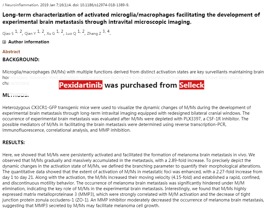 Pexidartinib (PLX3397) | CSF-1R 抑制剂 | 现货供应 | 美国品牌 | 免费采购电话400-668-6834