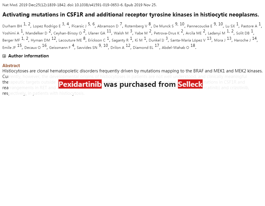 Pexidartinib (PLX3397) | CSF-1R 抑制剂 | 现货供应 | 美国品牌 | 免费采购电话400-668-6834