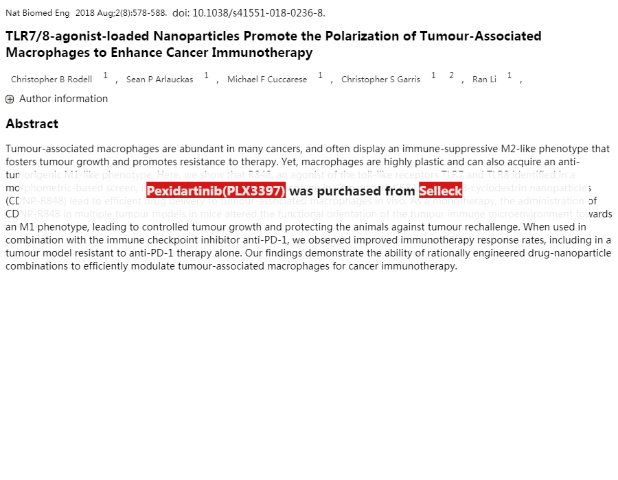 Pexidartinib (PLX3397) | CSF-1R 抑制剂 | 现货供应 | 美国品牌 | 免费采购电话400-668-6834