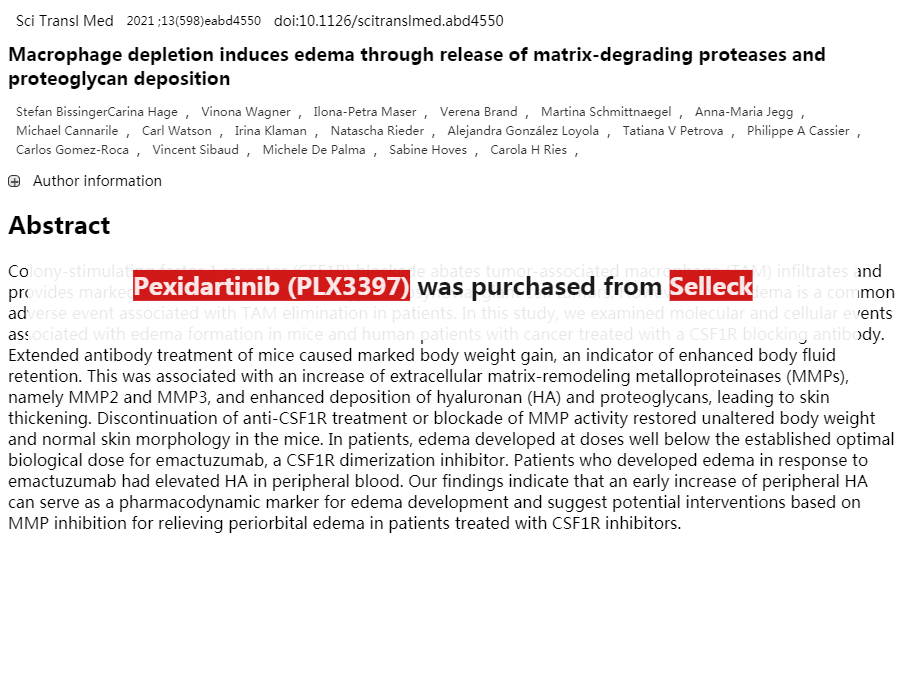 Pexidartinib (PLX3397) | CSF-1R 抑制剂 | 现货供应 | 美国品牌 | 免费采购电话400-668-6834