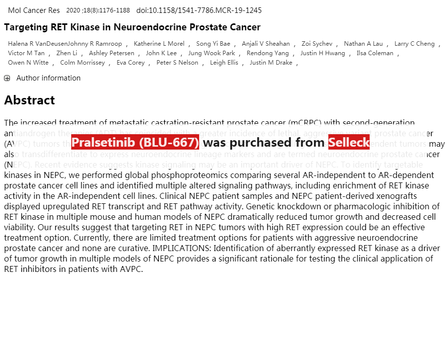 Pralsetinib (BLU-667) | c-RET 抑制剂 | 现货供应 | 美国品牌 | 免费采购电话400-668-6834