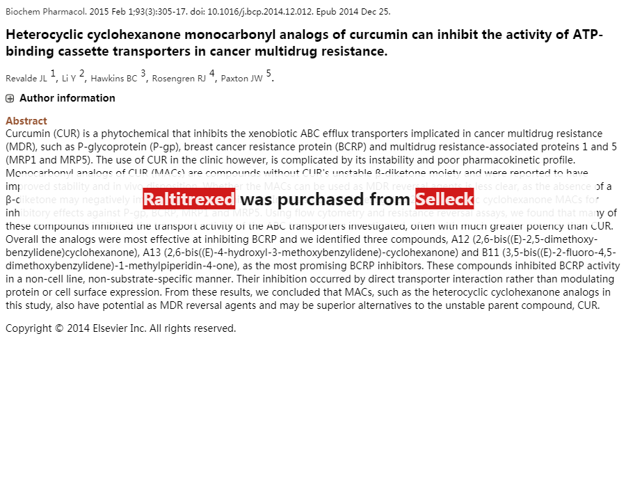 Raltitrexed | Thymidylate Synthase 抑制剂 | 现货供应 | 美国品牌 | 免费采购电话400-668-6834