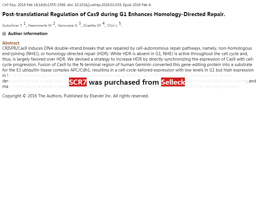 SCR7 | DNA/RNA Synthesis 抑制剂 | 现货供应 | 美国品牌 | 免费采购电话400-668-6834