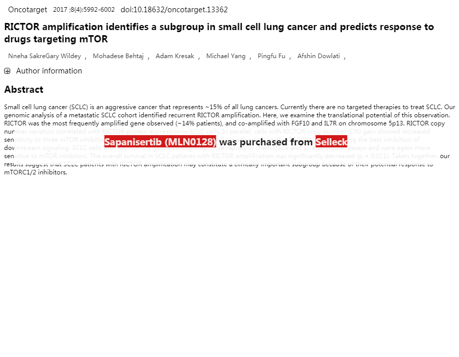 Sapanisertib (MLN0128) | 购买mTOR 抑制剂 - Selleck