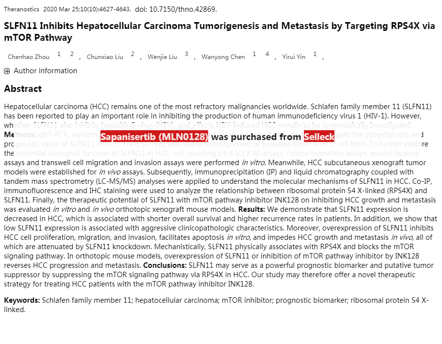 Sapanisertib (MLN0128) | 购买mTOR 抑制剂 - Selleck