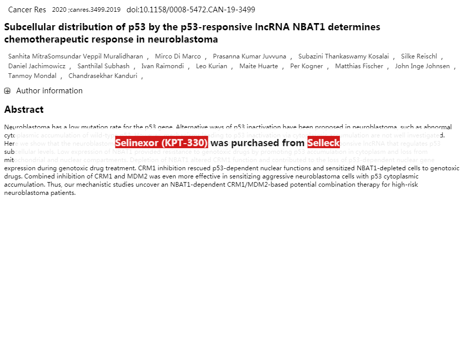 Selinexor (KPT-330) | 购买CRM1 抑制剂 - Selleck