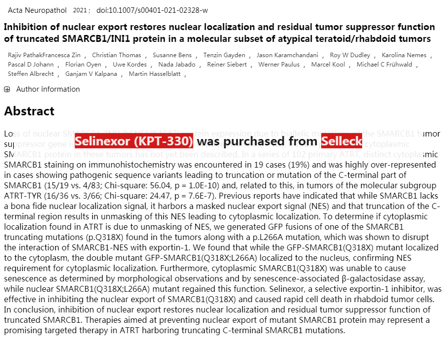 Selinexor (KPT-330) | 购买CRM1 抑制剂 - Selleck