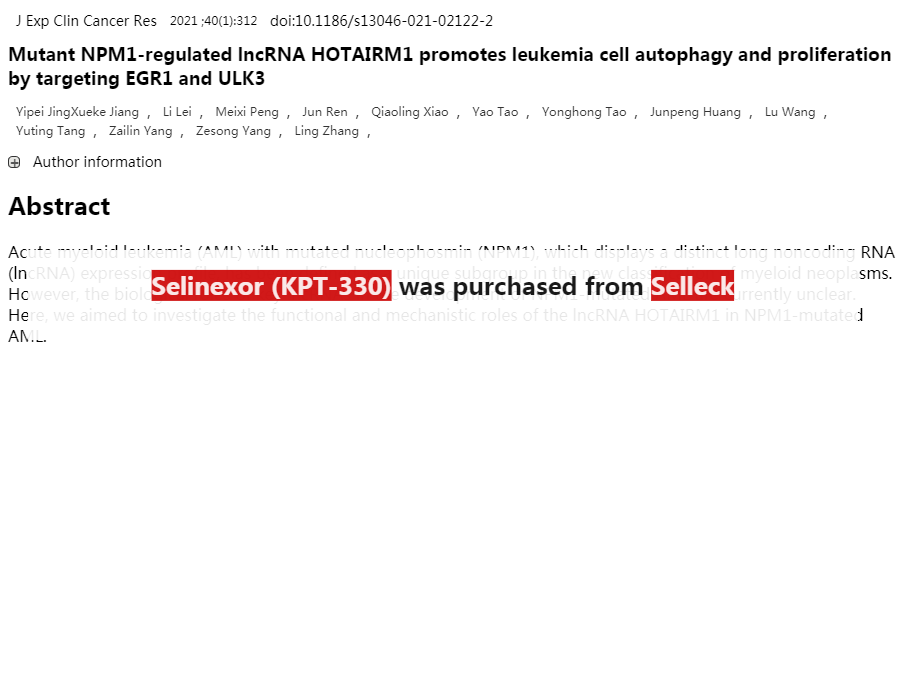 Selinexor (KPT-330) | 购买CRM1 抑制剂 - Selleck