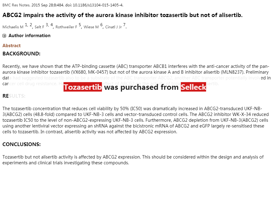 Tozasertib (VX-680, MK-0457) | 购买Aurora Kinase 抑制剂 - Selleck