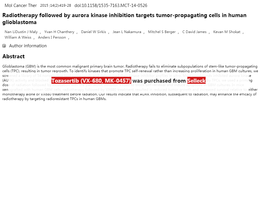 Tozasertib (VX-680, MK-0457) | 购买Aurora Kinase 抑制剂 - Selleck