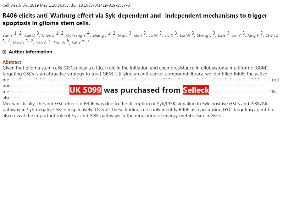 UK 5099 | 99.99%(HPLC) | Selleck | Mitochondrial pyruvate carrier inhibitor