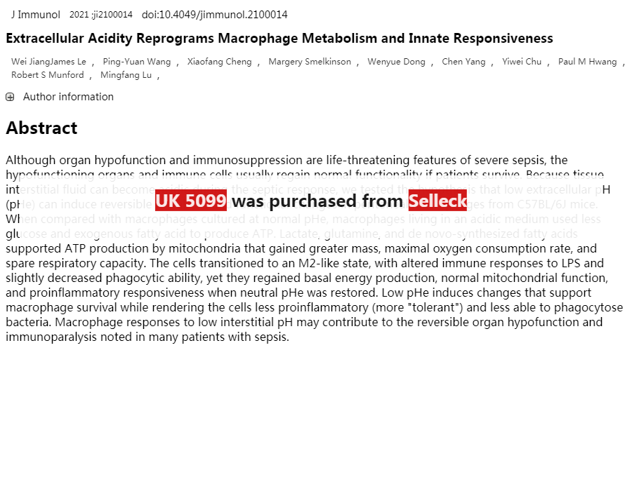 UK 5099 | 99.99%(HPLC) | Selleck | Mitochondrial pyruvate carrier inhibitor