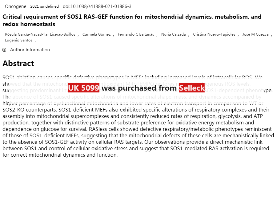 UK 5099 | 99.99%(HPLC) | Selleck | Mitochondrial pyruvate carrier inhibitor