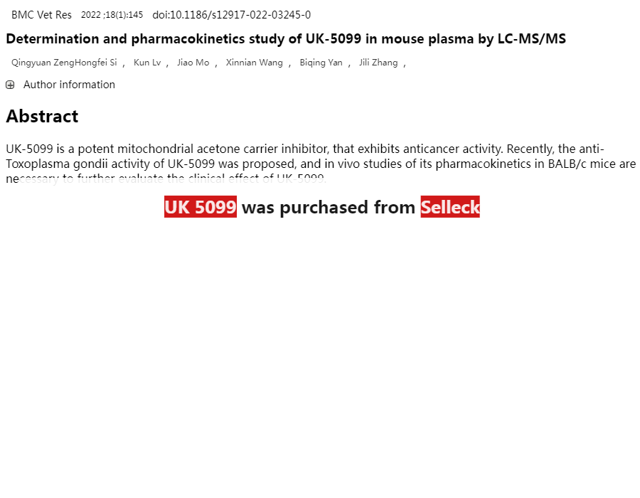 UK 5099 | 99.99%(HPLC) | Selleck | Mitochondrial pyruvate carrier inhibitor